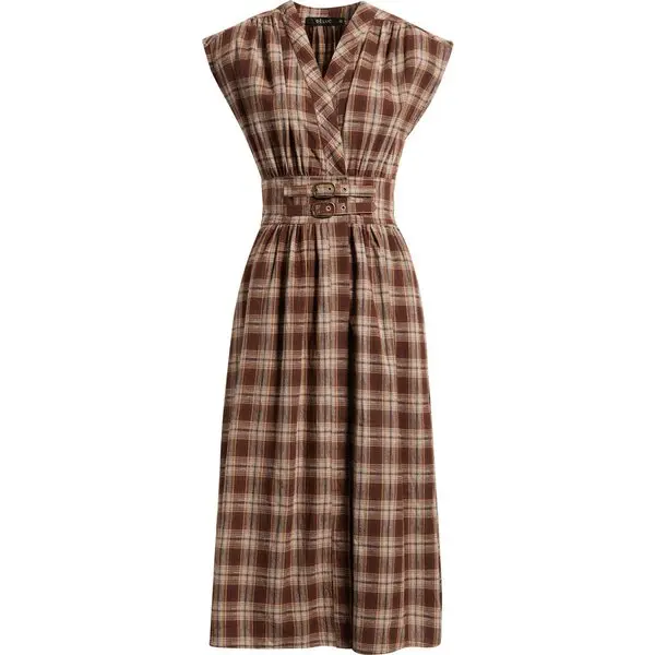 Deluc Plaid Cotton Midi Dress With Belted Waist - Brown Checks