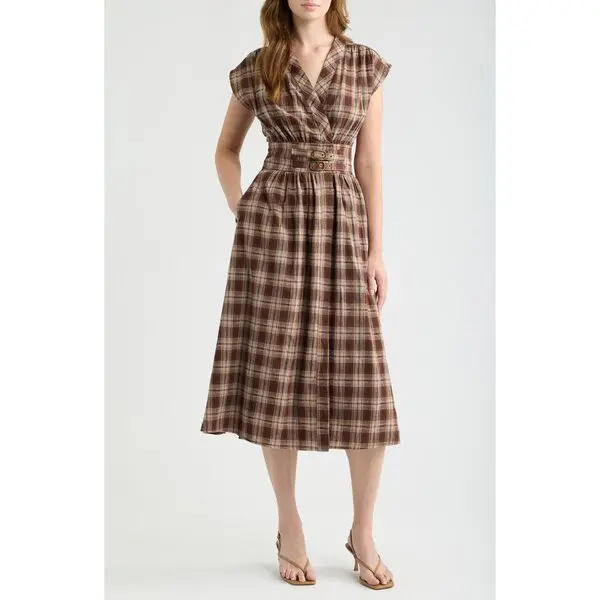 Deluc Elton Plaid Cotton Midi Dress - Brown Checks