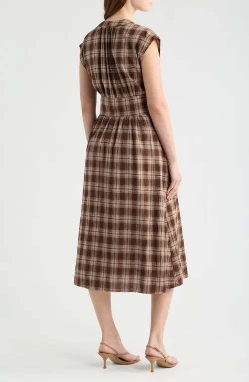 Deluc Plaid Cotton Midi Dress With Belted Waist - Brown Checks