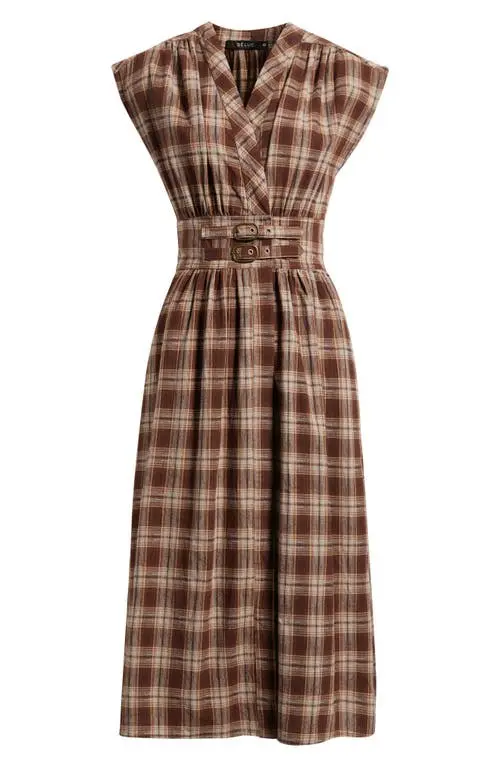 Deluc Plaid Cotton Midi Dress With Belted Waist - Brown Checks
