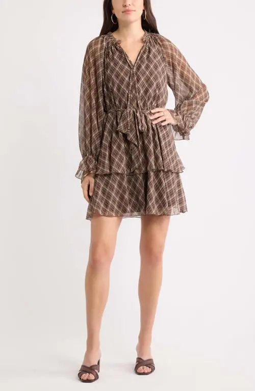 Chelsea28 Floral Chiffon Tiered Minidress - Brown Plaid