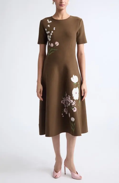Oscar De La Renta Mixed Botanical Jacquard Sweater Dress - Cigar