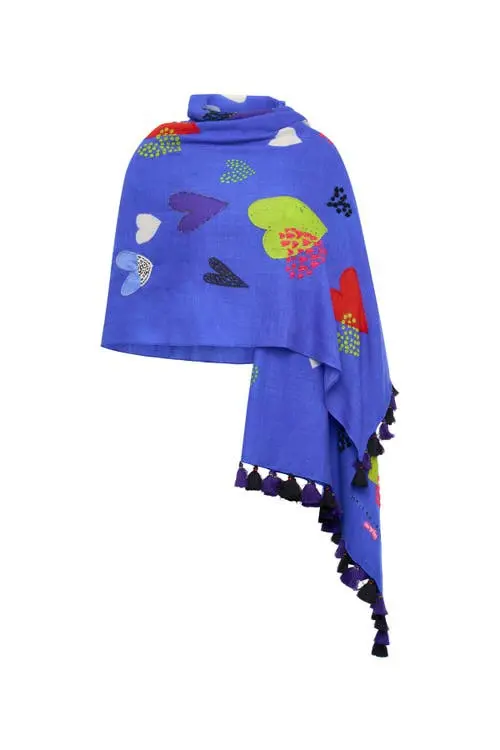 MAISON COMMON Printed And Embroidered Scarf With Tassels With Heart Motifs