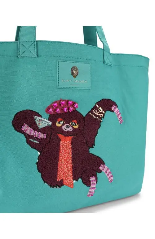 Kurt Geiger Canvas Shopper Tote With Embellished Cat Patch - Turquoise Sloth