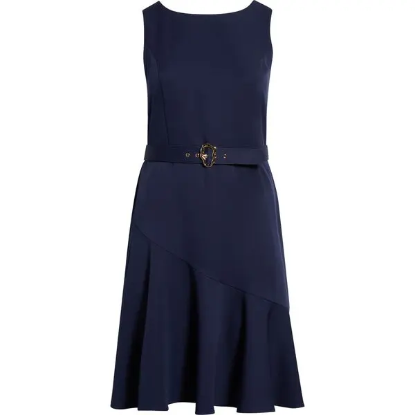 TAHARI ASL Sleeveless Belted Crepe Dress With Ruffle Hem