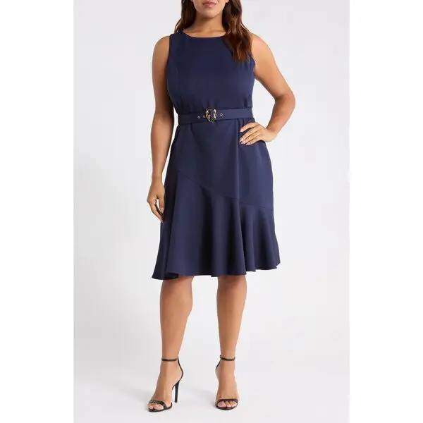 TAHARI ASL Belted Ruffle Hem Crepe Dress - Navy