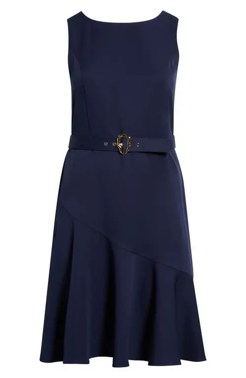 TAHARI ASL Sleeveless Belted Crepe Dress With Ruffle Hem