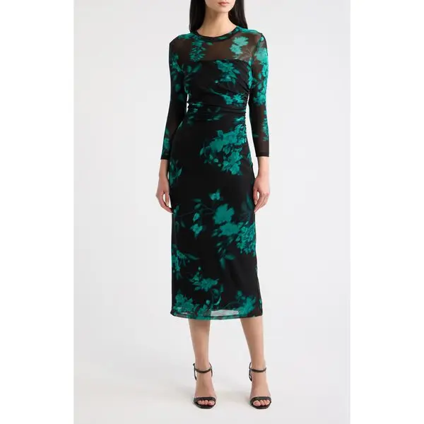 Anne Klein Floral Print Mesh Midi Dress