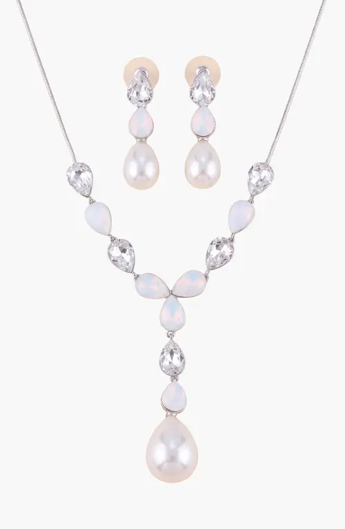 MODENAIRE Pearl Drop Necklace And Earrings Set With Crystals - Silver