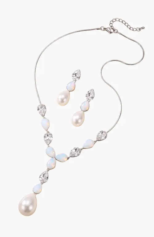 MODENAIRE Pearl Drop Necklace And Earrings Set With Crystals