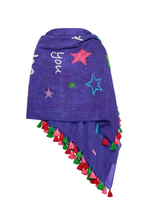 MAISON COMMON Printed And Embroidered Scarf With Tassels With "message - Jeansblue