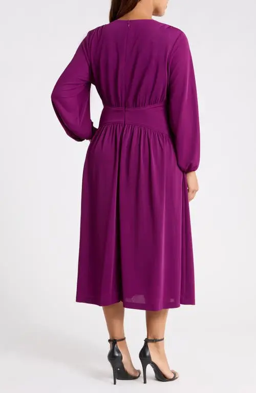 Anne Klein Blouson Sleeve V-neck Midi Dress - Beet