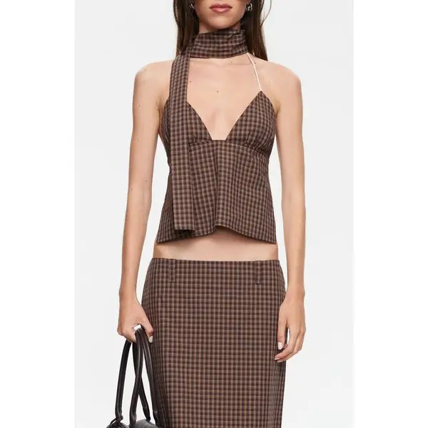 Lioness Play On Plaid Halter Top With Neck Scarf - Chocolate
