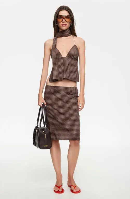 Lioness Plaid Halter Top With Neck Scarf - Chocolate
