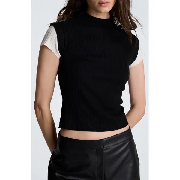 KENNETH COLE Mock Neck Wide Rib Sweater With Short Sleeves