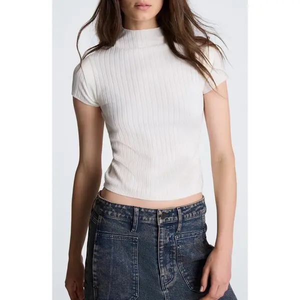 KENNETH COLE Mock Neck Wide Rib Sweater With Short Sleeves - Oyster