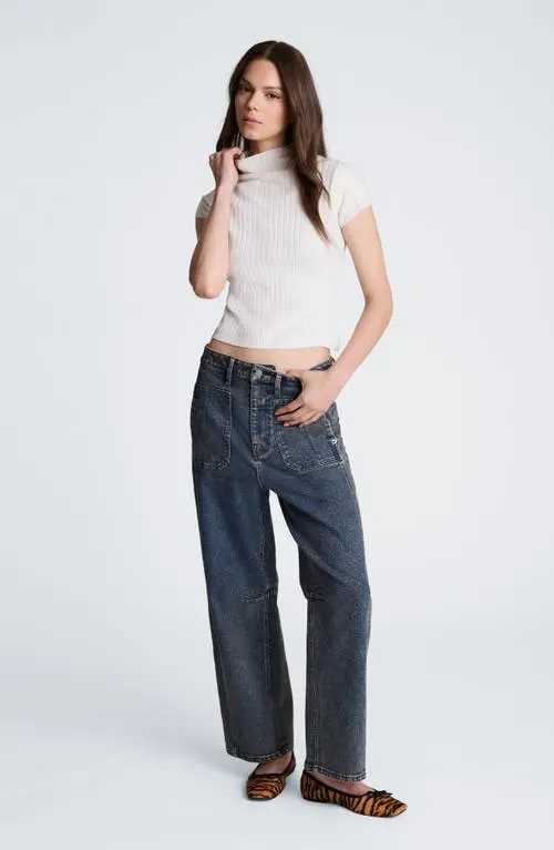 KENNETH COLE Mock Neck Wide Rib Sweater With Short Sleeves - Oyster