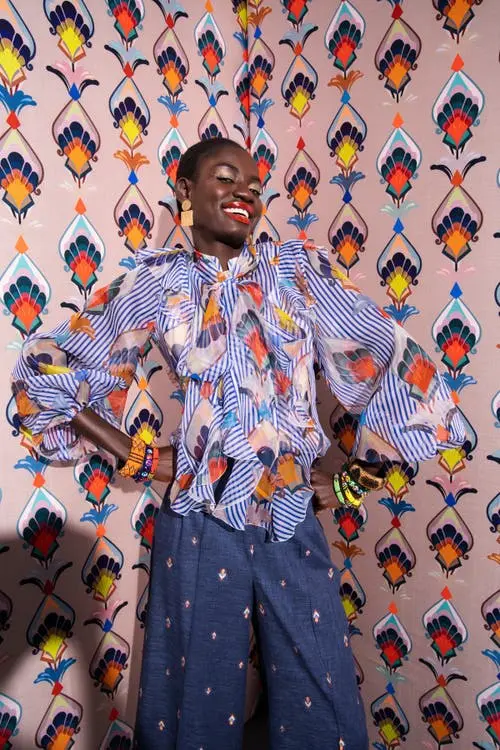MAISON COMMON Printed Silk Organza Blouse With Flounces - White/blue Multicolo