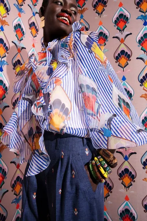 MAISON COMMON Printed Silk Organza Blouse With Flounces - White/blue Multicolo