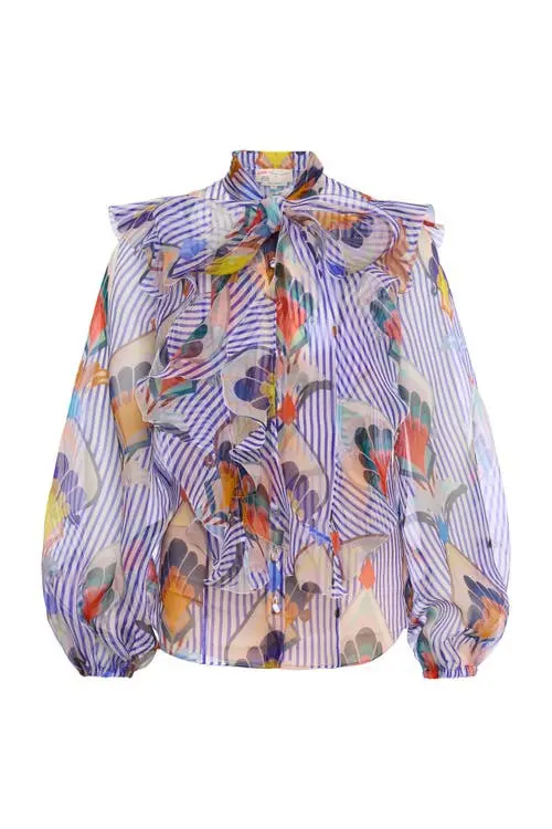 MAISON COMMON Printed Silk Organza Blouse With Flounces - White/blue Multicolo