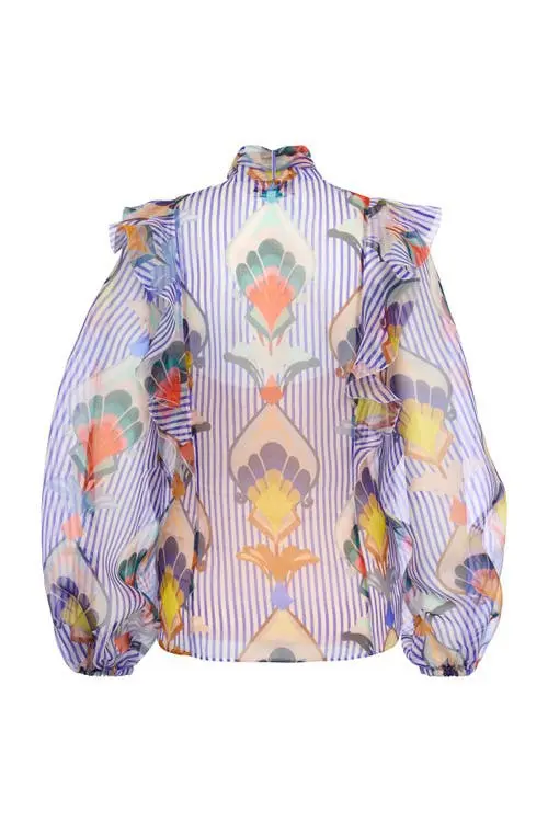 MAISON COMMON Printed Silk Organza Blouse With Flounces - White/blue Multicolo