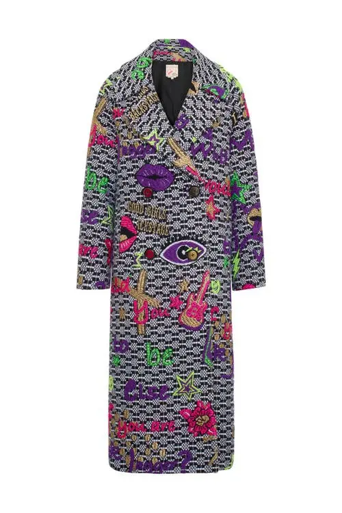 MAISON COMMON Long Tweed Jacquard Coat - Black/multicolour