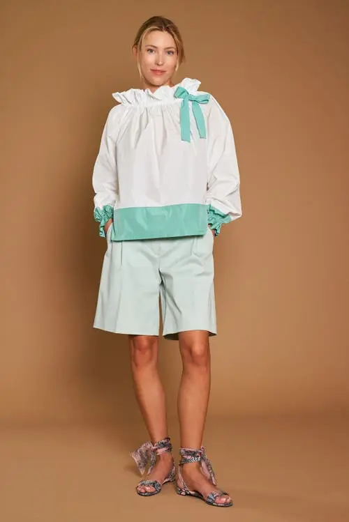 MAISON COMMON Taffeta Blouse With Bloon Sleeves And Bow - White/green