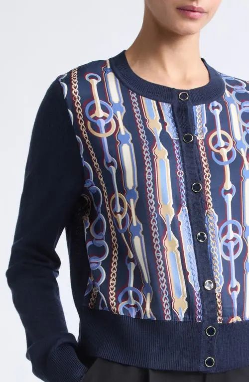 St. John Mixed Media Chain Print Merino Wool Blend Cardigan