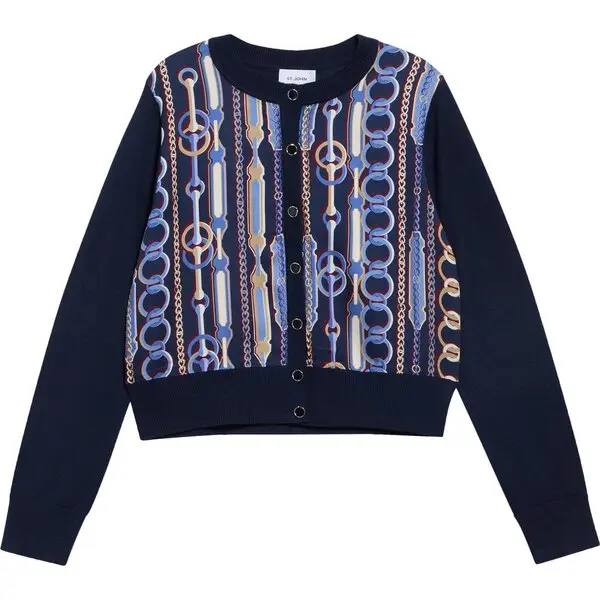 St. John Mixed Media Chain Print Merino Wool Blend Cardigan