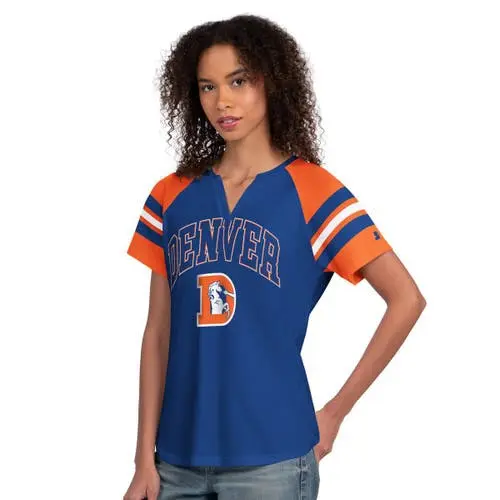 STARTER Denver Broncos Game On Notch Neck Raglan T-shirt - Royal