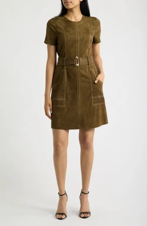 Tahari Faux Suede Belted Dress With Topstitch Detail