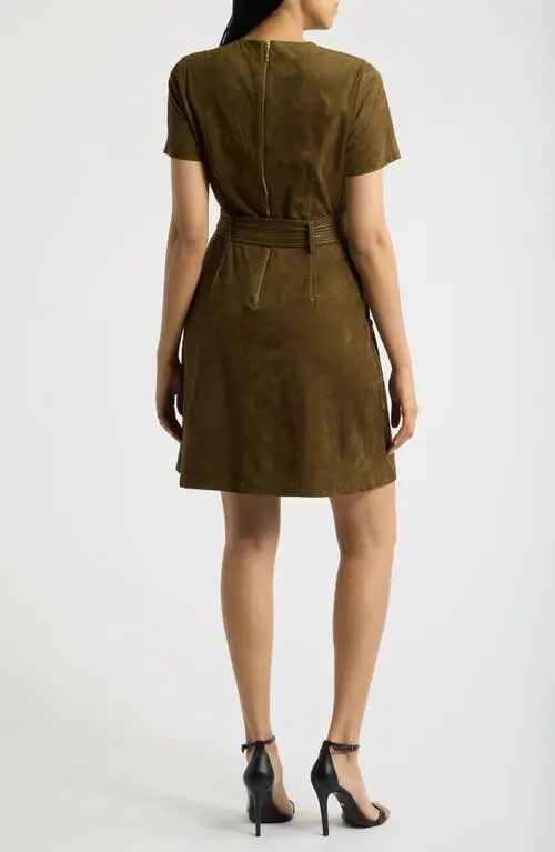 Tahari Faux Suede Belted Dress With Topstitch Detail