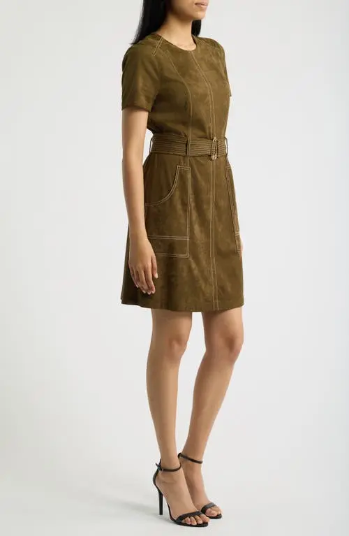 Tahari Faux Suede Belted Dress With Topstitch Detail