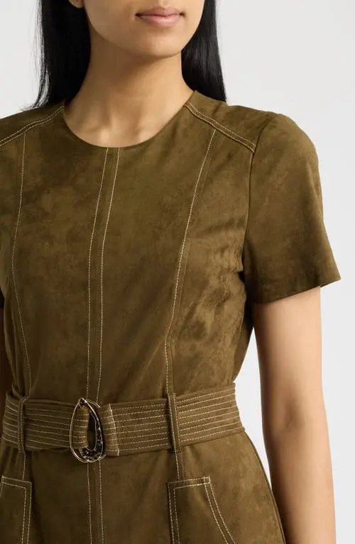 Tahari Faux Suede Belted Dress With Topstitch Detail