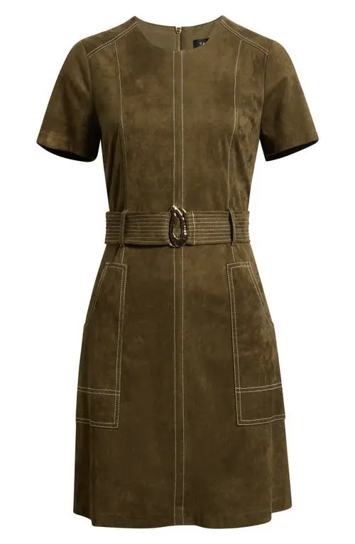 Tahari Faux Suede Belted Dress With Topstitch Detail