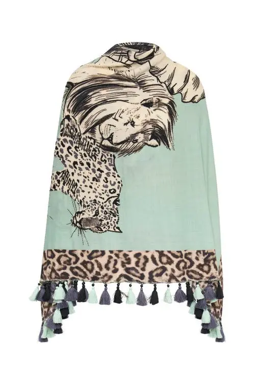 MAISON COMMON Printed And Embroidered Scarf With Tassels In Safari Design - Mint