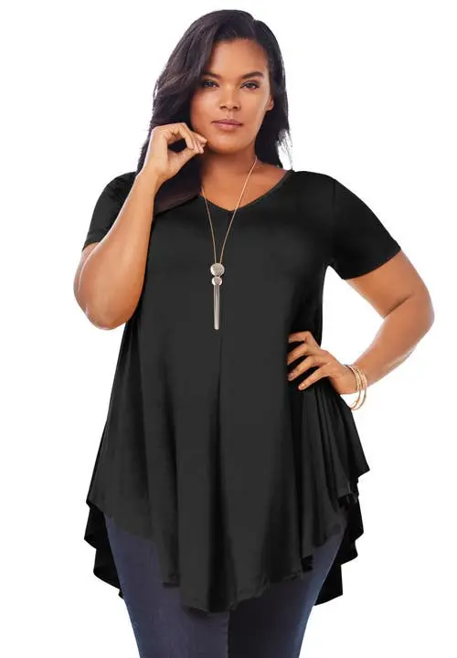 Roaman's Ultra Drape V-neck Swing Tunic Top - Black
