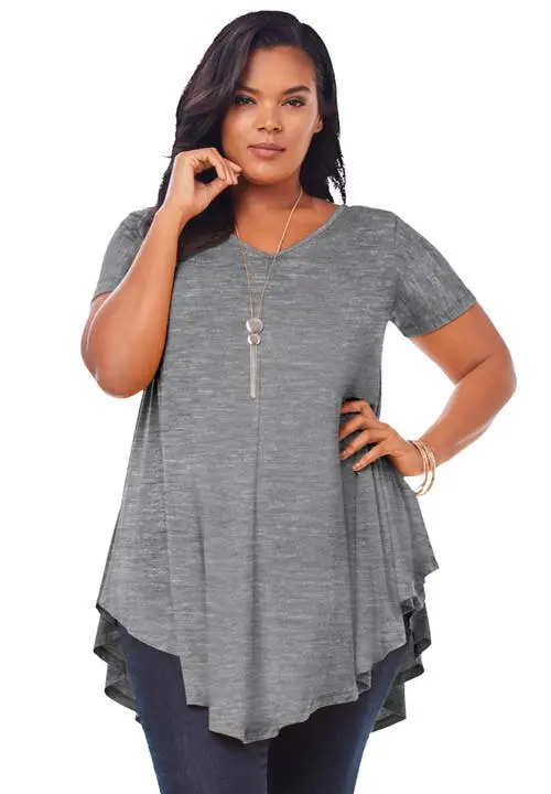 Roaman's Ultra Drape V-neck Swing Tunic - Medium Heather Grey