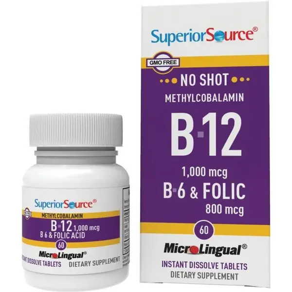 SUPERIOR SOURCE No Shot Vitamin B12 Methylcobalamin Energy Support Microlingual Tablets