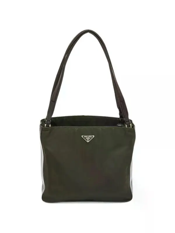 Prada Logo Plaque Leather Trim Tote Bag