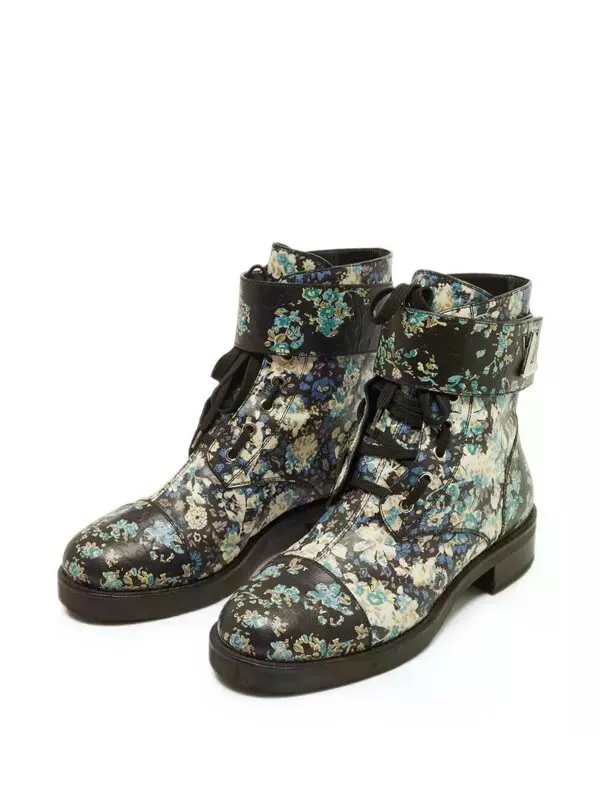 LOUIS VUITTON Floral Print Leather Combat Boots - Black
