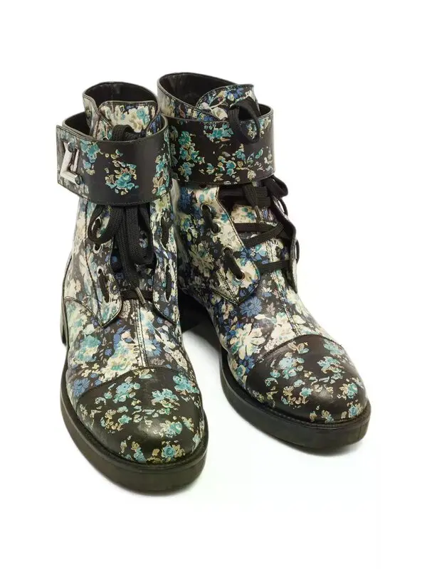 LOUIS VUITTON Floral Print Leather Combat Boots - Black