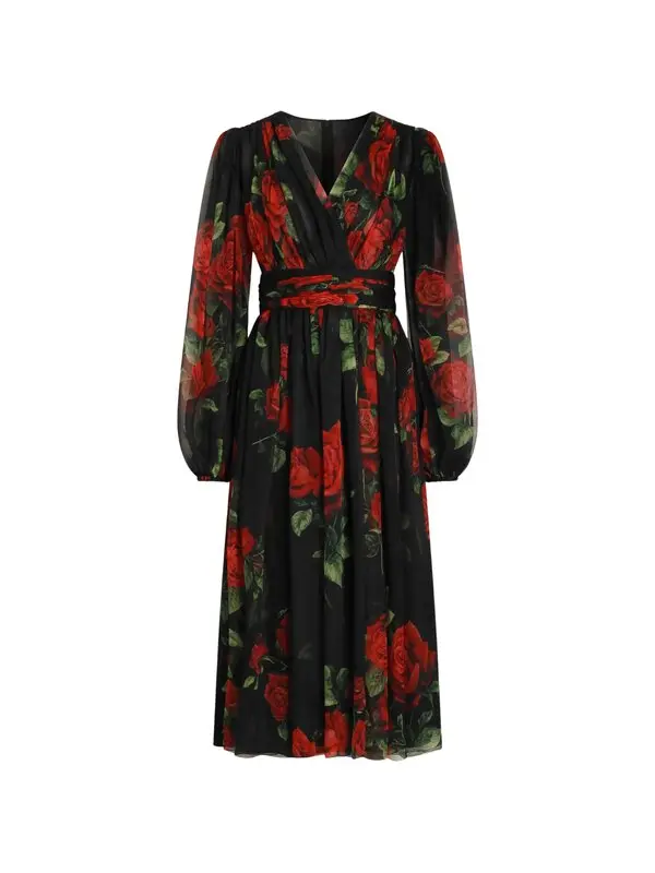 Dolce & Gabbana Chiffon Midi Dress With Rose Print