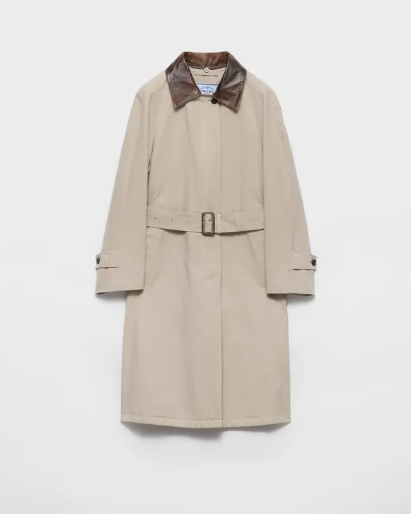 Prada Single-breasted Poplin Coat With Removable Leather Collar - Limestone