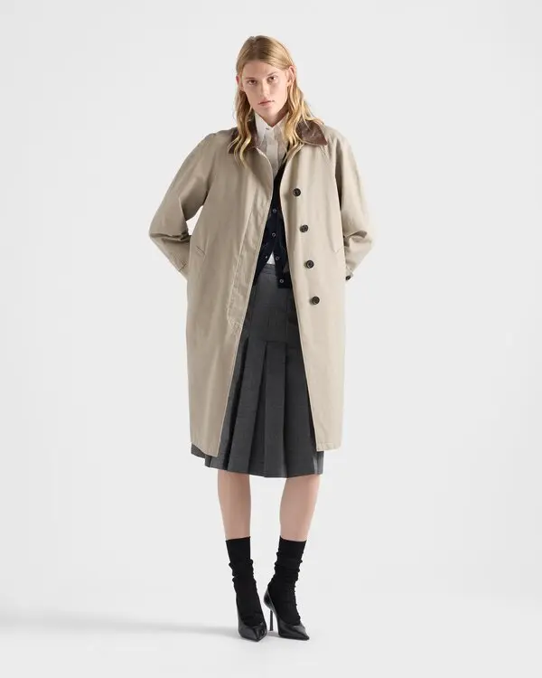 Prada Single-breasted Poplin Coat With Removable Leather Collar - Limestone