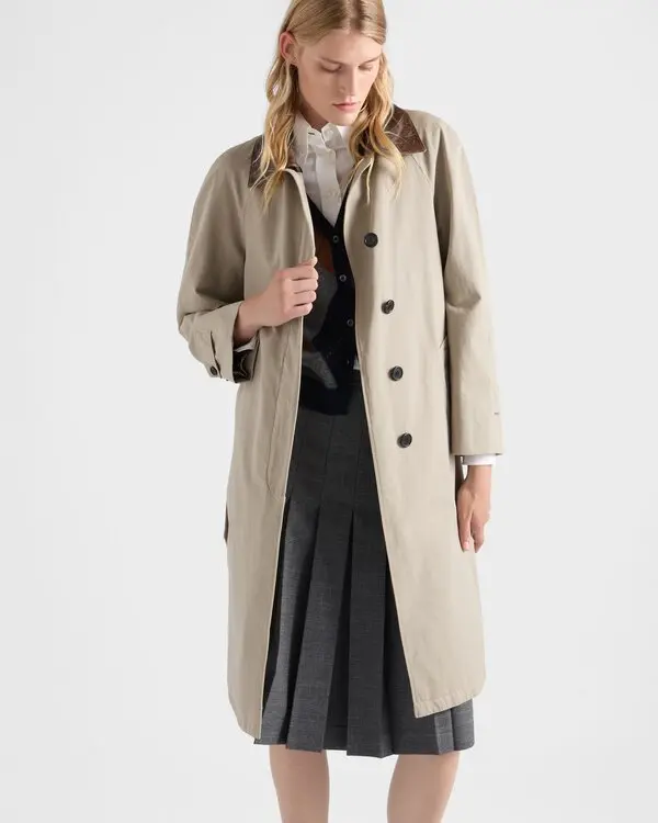 Prada Single-breasted Poplin Coat With Removable Leather Collar - Limestone