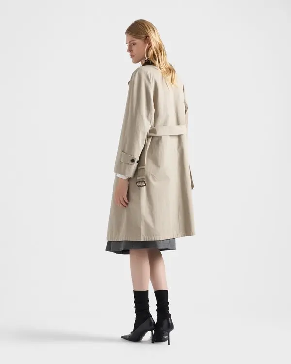 Prada Single-breasted Poplin Coat With Removable Leather Collar - Limestone