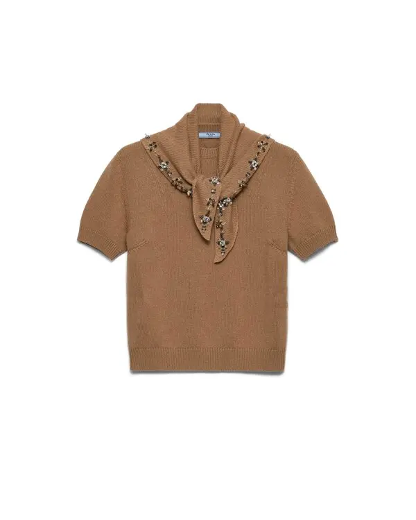Prada Short-sleeved Cashmere Sweater With Embroidered Scarf