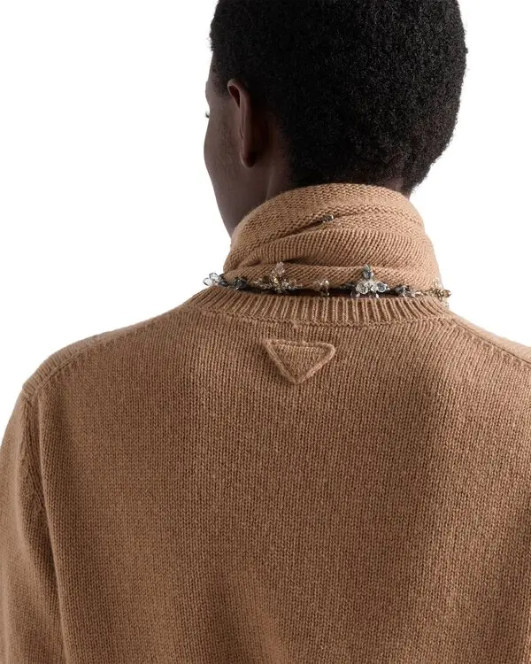 Prada Short-sleeved Cashmere Sweater With Embroidered Scarf