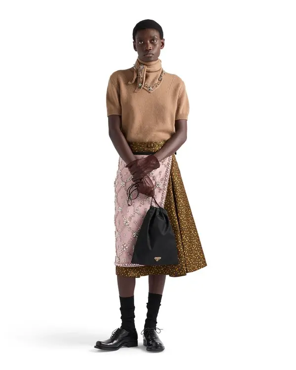 Prada Short-sleeved Cashmere Sweater With Embroidered Scarf